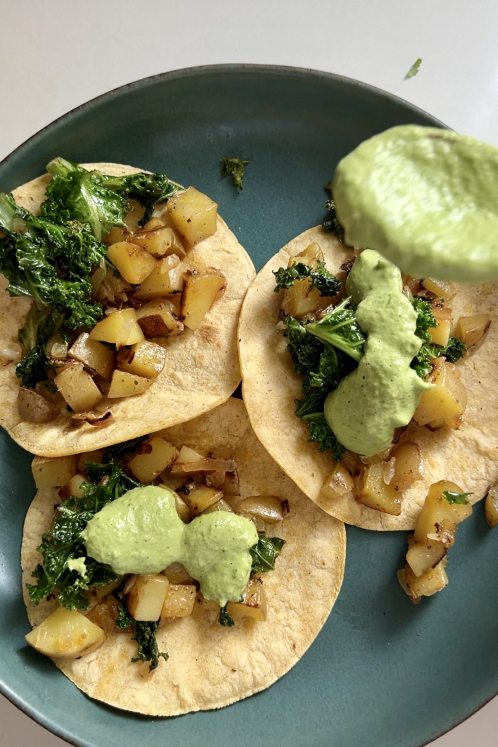 Kale Potato Tacos with Cilantro Almond Sauce - Easy Plant-Based Recipe